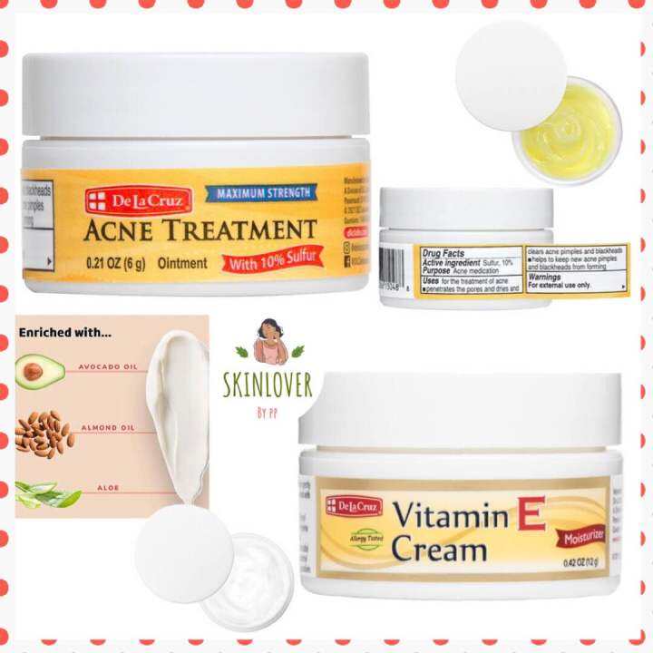 De la Cruz, Acne Treatment Ointment with 10% Sulfur, Maximum Strength และ De la Cruz Vitamin E ...