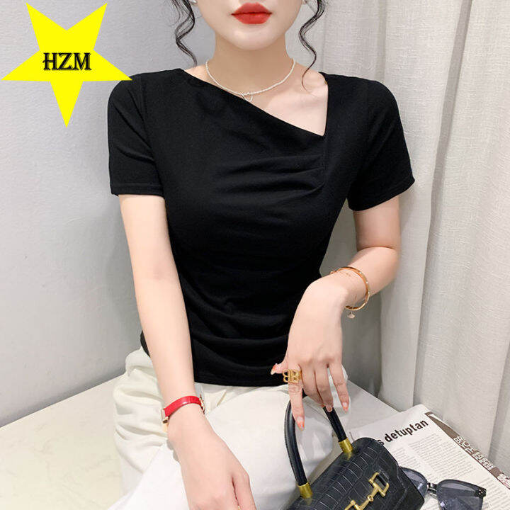 HZM เสื้อยืดเข้ารูปแขนสั้นของผู้หญิง,เสื้อ100 2023แบบเรียบง่ายไม่สม่ำเสมอ | Lazada.co.th