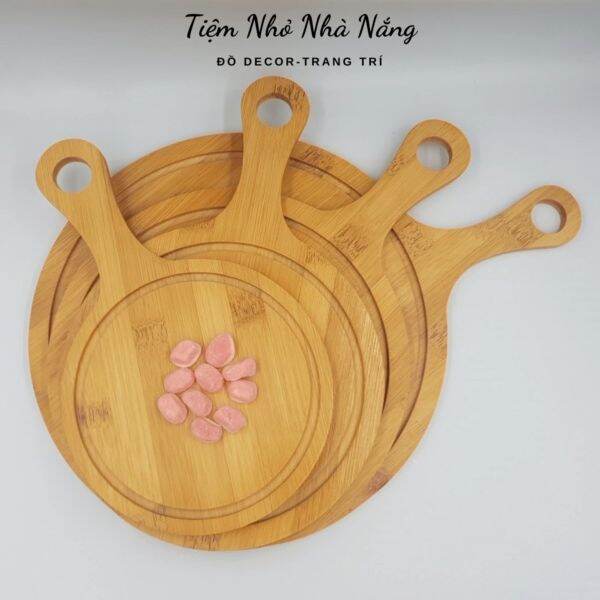 Khay pizza tròn/ chữ nhật bằng gỗ tre, khay gỗ có tay cầm đựng pizza ...