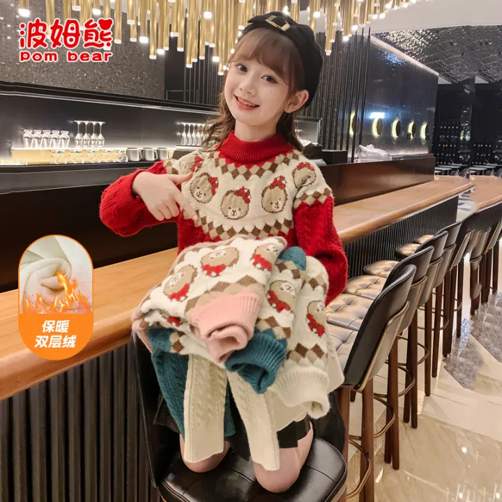 BOM Bear เสื้อสเวตเตอร์คริสต์มาสสำหรับเด็กผู้หญิงเสื้อถักใส่ด้านในบุขน ...