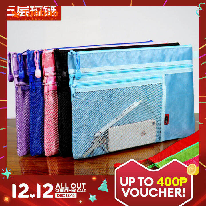A4 File Bag Canvas Three-Layer Zipper Mesh Bag Student Paper Storage ...