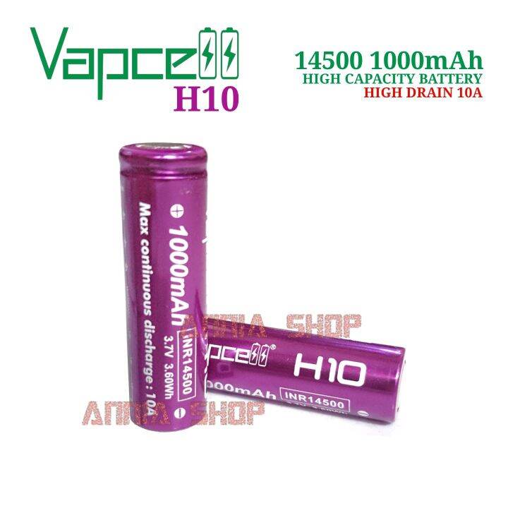 VAPCELL H10 BATERAI 14500 1000mAh 10A HIGH DRAIN INR14500 BATTERY 3.7 ...