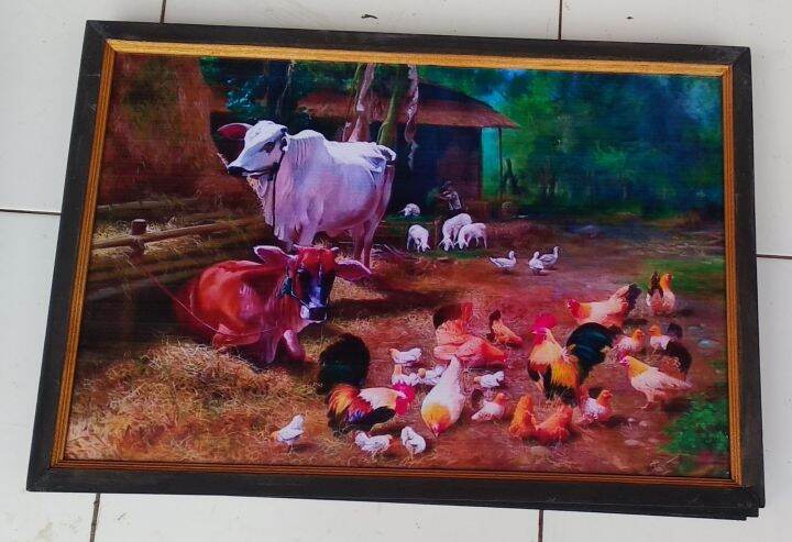 hiasan dinding lukisan cetak sapi dan ayam plus bingkai ukuran 65×45 ...