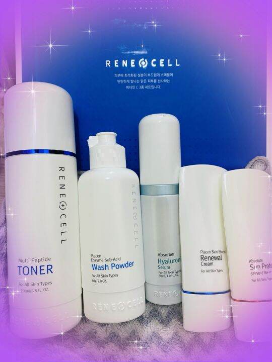 Rene-cell[renecell] Basic Set — Wash Powder,Toner,Hyaluronic serum,Renewal cream,Sun protection ...