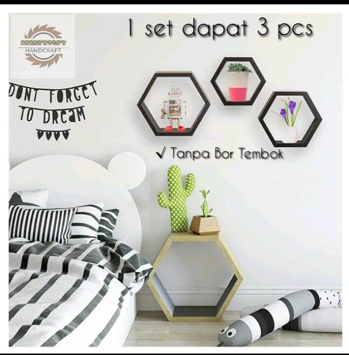 Rak Dinding Hexagonal 1 Set Ambalan Dinding Minimalis Rack Tembok Segi