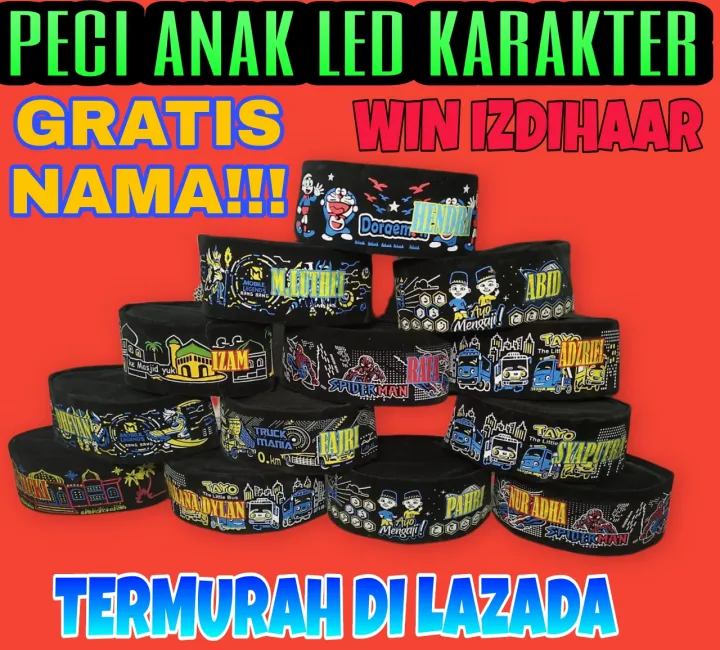 Gratis nama Peci LED Songkok Anak Motif Karakter Anak masjid Spiderman ...
