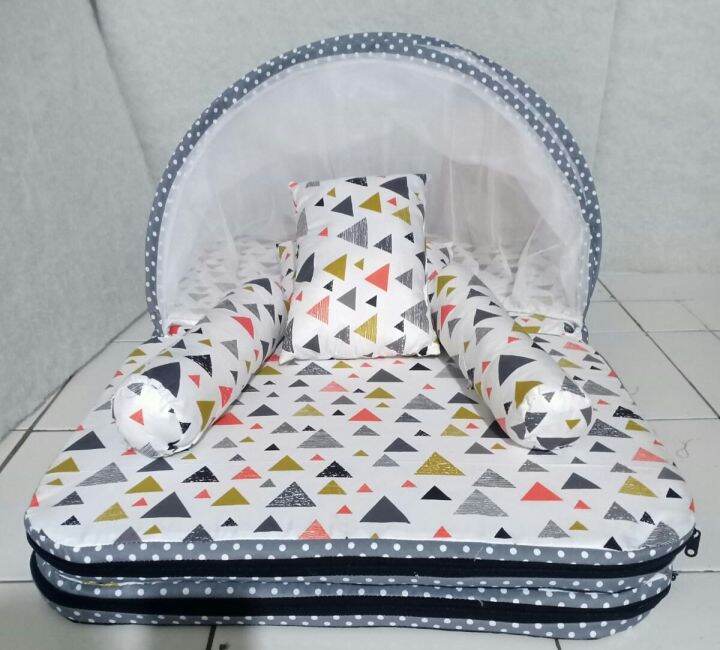 kasur bayi lipat kelambu motif segitiga abu-abu | Lazada Indonesia