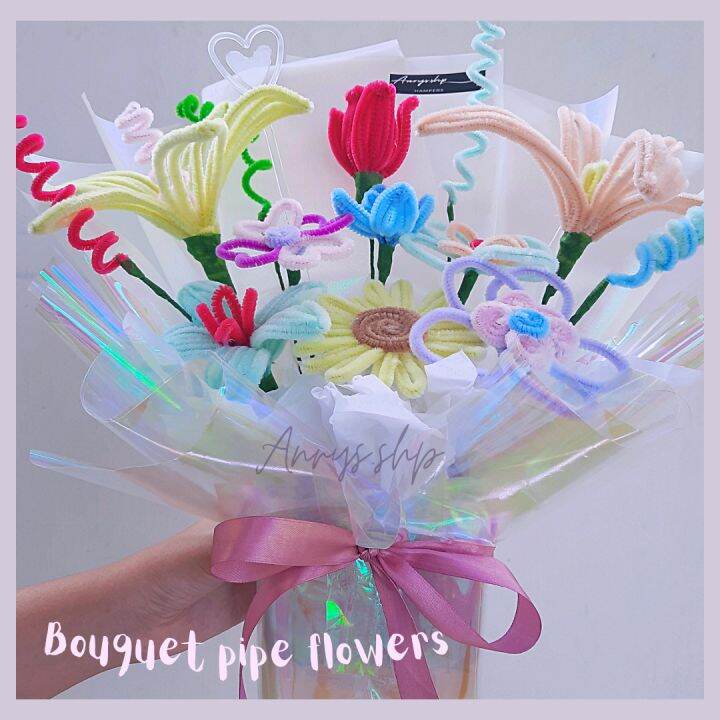 Bouquet pipe flowers colorfull / buket bunga kawat bulu mercy / buket ...