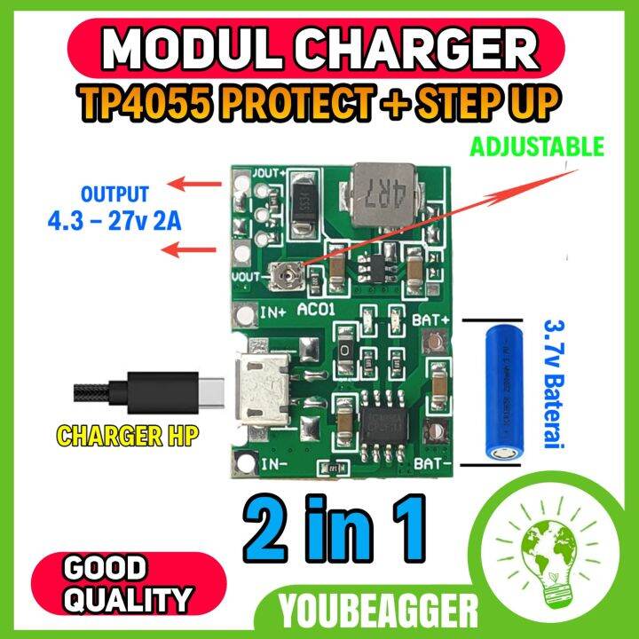 Modul TP4056 + STEP UP 2A tegangan 4.3-27VDC | Lazada Indonesia