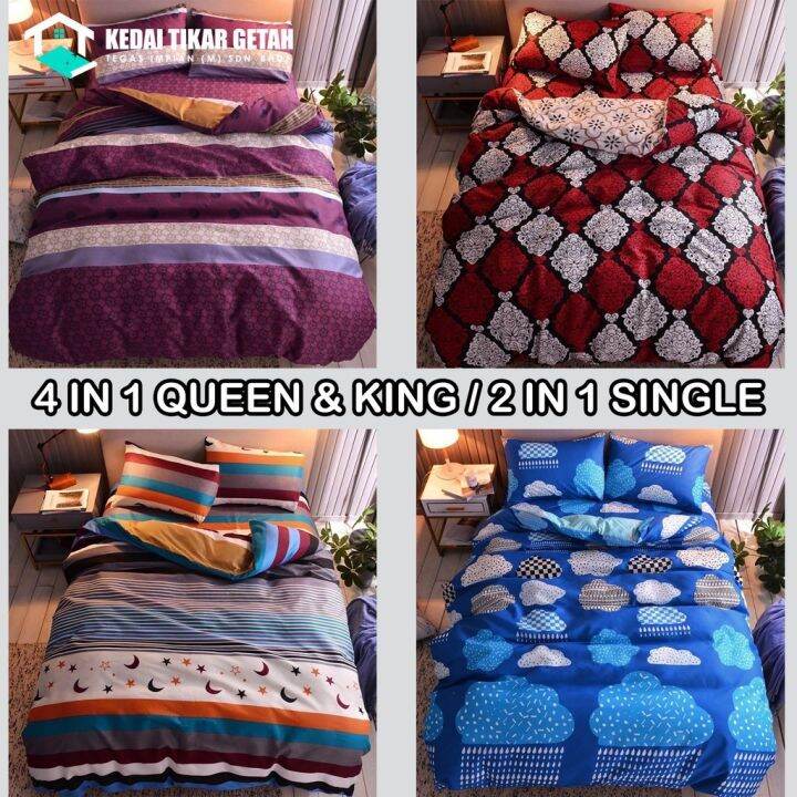 READY STOCK Premium 4in1 King Queen/2in1 Single Size Bedding Bedsheet ...