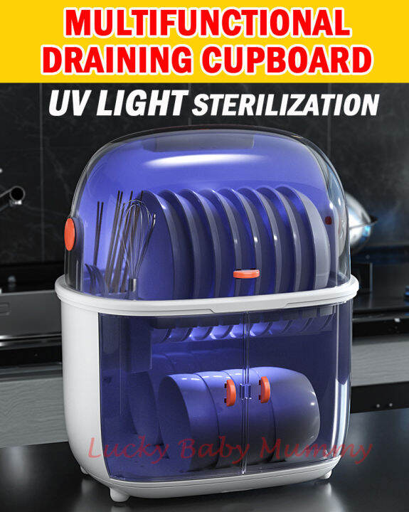 UV Disinfection Dish Rack Double Tiers Draining Dishware Storage Box ...