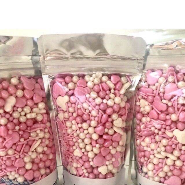 White and pink hearts with pearls and mickey cake sprinkles/dragees ...