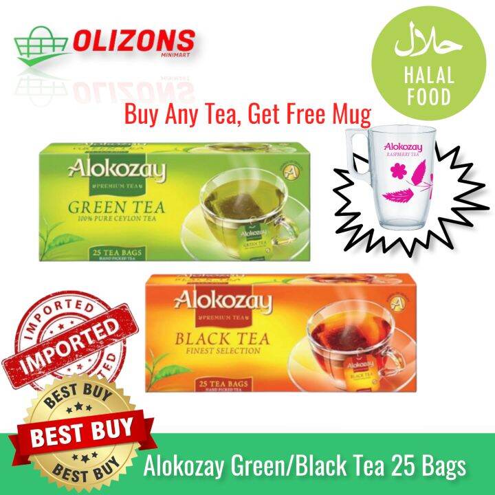 PROMO with FREE MUG • Alokozay Greentea / Black Tea • 25 Tea Bags (Hand ...