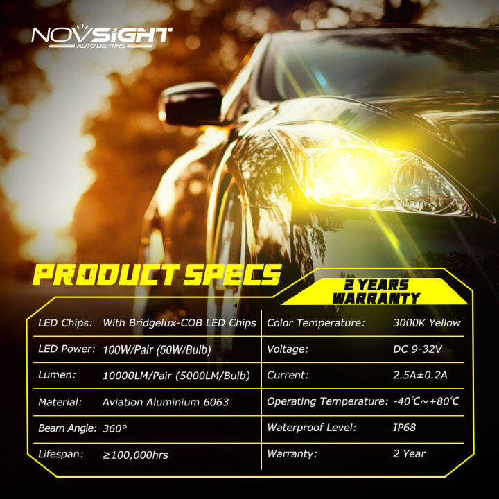 Novsight Fog Light H11 Yellow 10000LM 100W H4 Car LED Headlight Light ...