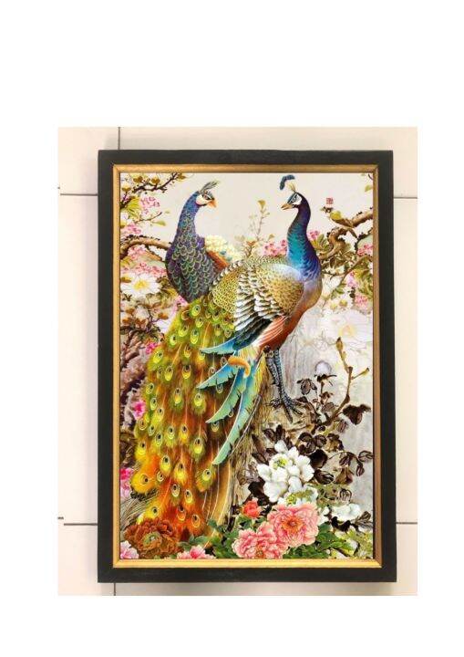 Hiasan dinding cetak gambar lukisan sepasang burung merak plus bingkai ...