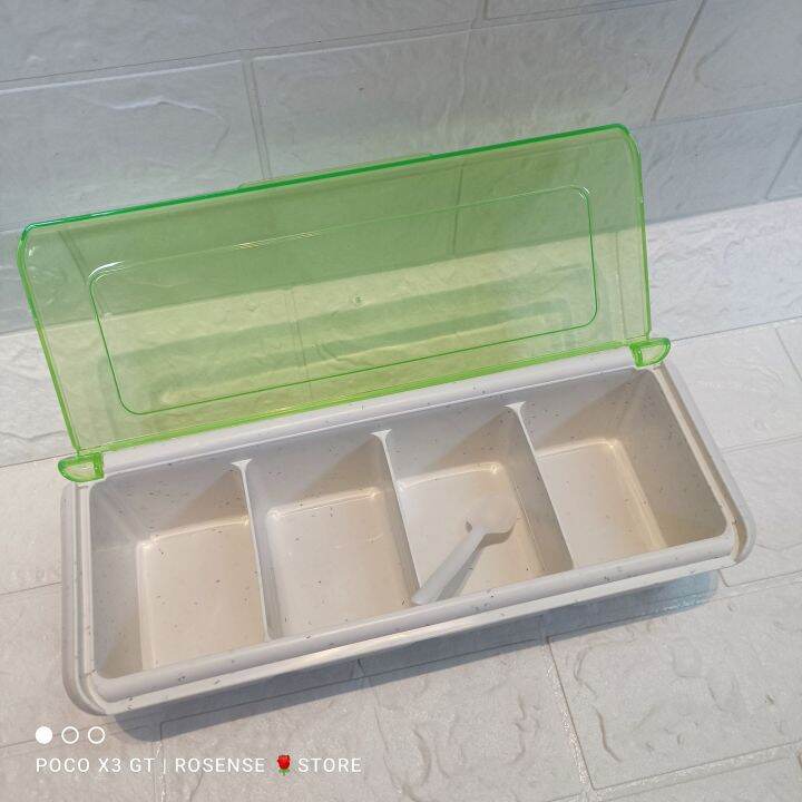 4 Divisions Clear Green Seasoning Container 4 in 1 Spice Jar Condiment ...