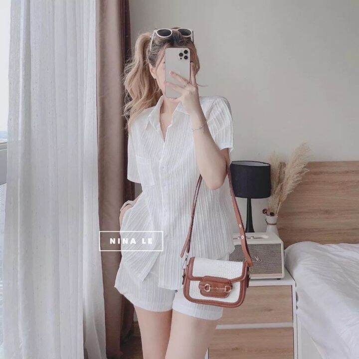 (DASS-143) Set bộ quần áo sơ mi thiết kế phối nơ lửng chất đũi | Lazada.vn