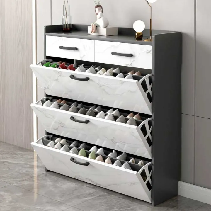 【On Sale】Marble Shoe Cabinet 3 Drawer 6 Layers Wooden Shoe Cabinet Doul ...