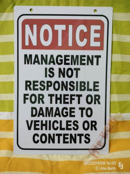 Notice Management is not Responsible for Theft or Damage to Vehicles or ...