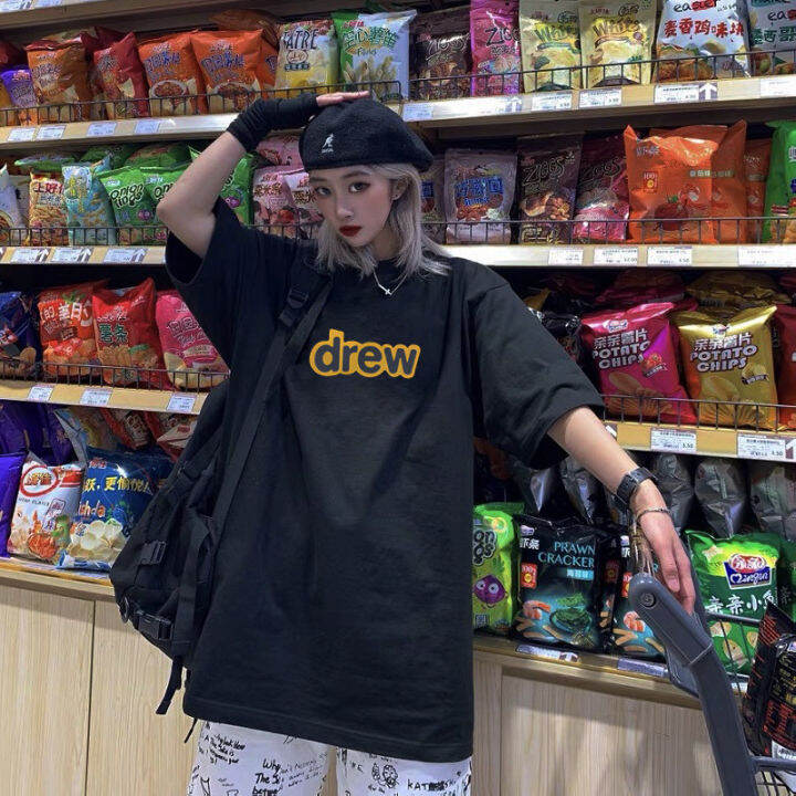 Drew House Bieber biber เสื้อยืดแขนสั้นคู่รักทรงหลวมผ้าฝ้ายแท้ใส่ช่วง ...