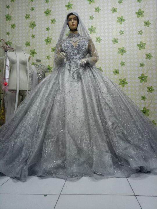 gaun pengantin/gaun bustier warna silver ekor panjang | Lazada Indonesia