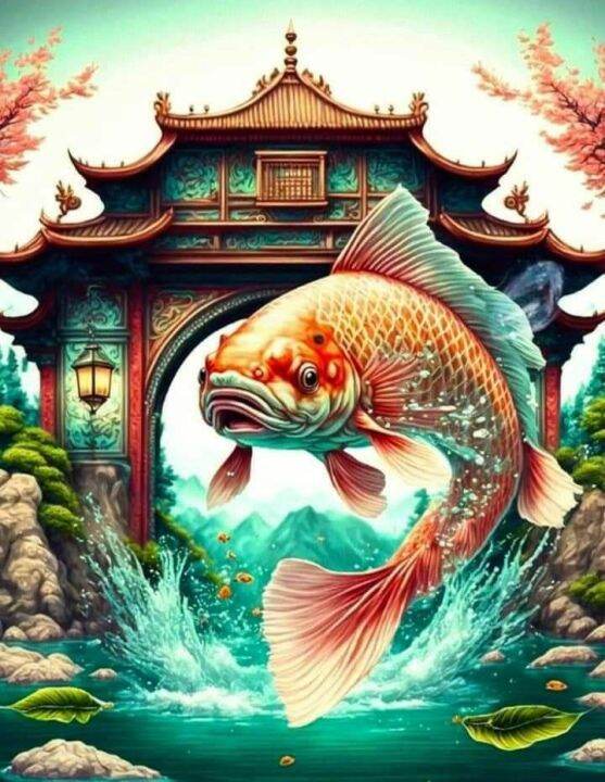 hiasan dinding lukisan cetak ikan koi gerbang naga plus bingkai ukuran ...