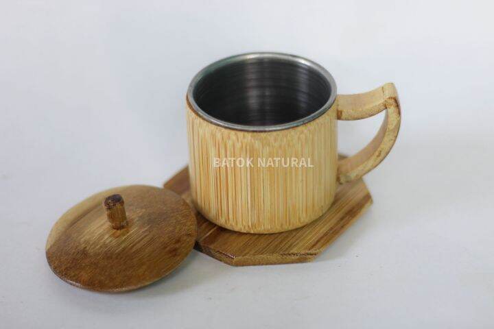 PAKET HEMAT CANGKIR KOPI BAMBU STAINLESS TUTUP & COASTER ATAU TATAKAN ...