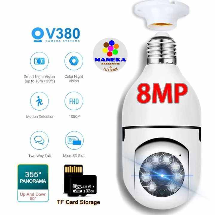 CCTV Lampu V380 HD 8MP Kamera CCTV Wifi Bohlam 360 Derajat PTZ ...