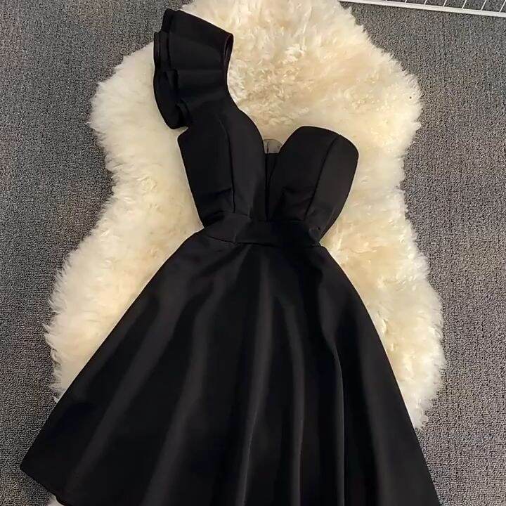 ชุดเดรสสั้น เปิดไหล่ ทรงเอ เอวสูง สีดํา เซ็กซี่ แฟชั่นฤดูร้อน สําหรับผู้หญิง AIXIN | Lazada.co.th