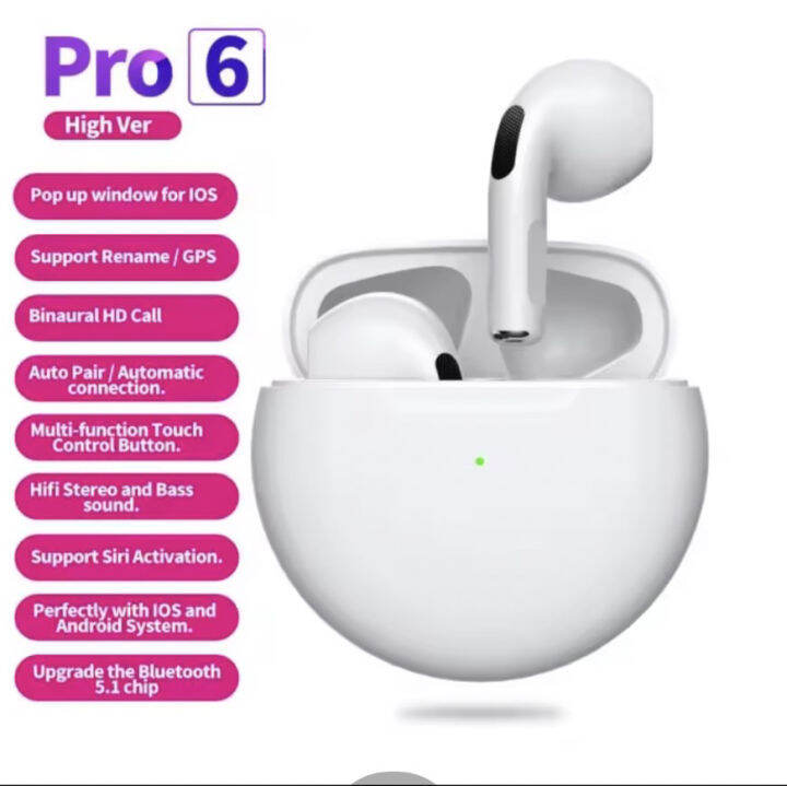 new TWS หูฟังไร้สาย Pro 6 หูฟังบลูทูธสเตอริโอกีฬากันน้ำ bluetooth 5.1 ...