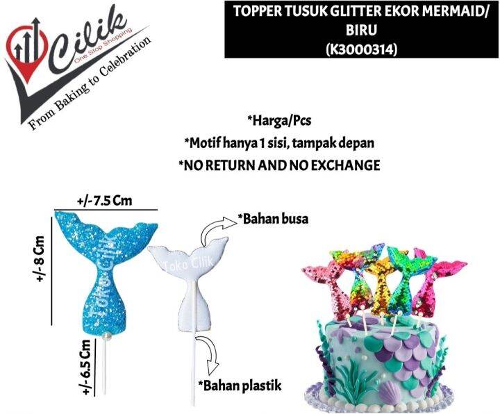 topper tusuk mermaid tail dekor duyung glitter biru dekor kue puding ...