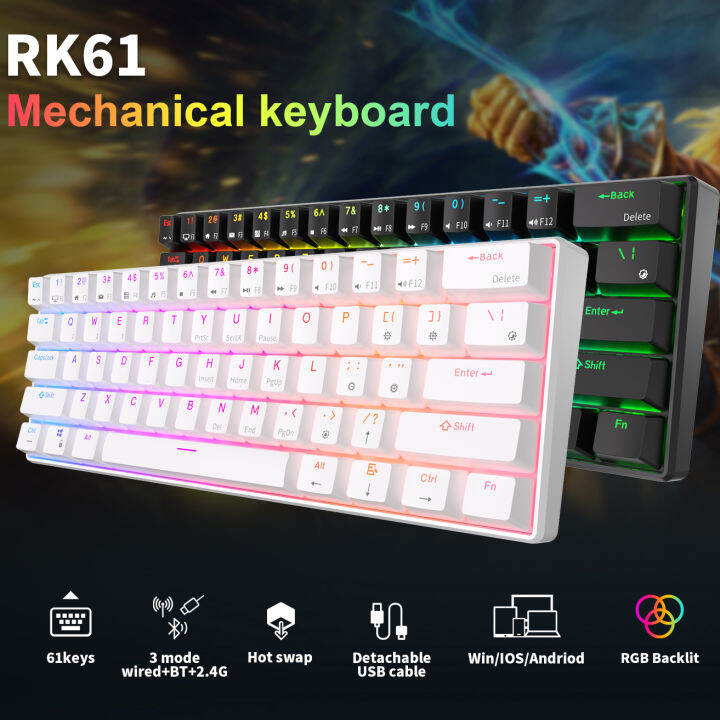 RK ROYAL KLUDGE RK61 Tri-mode BT5.0/2.4G/USB Mechanical Keyboard 60% 61 Keys RGB Hot-swappable ...