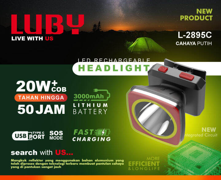 LUBY Senter Kepala L-2895C 20W + COB LED Rechargeable Headlight 20 Watt Tahan Hingga 50 Jam USB ...