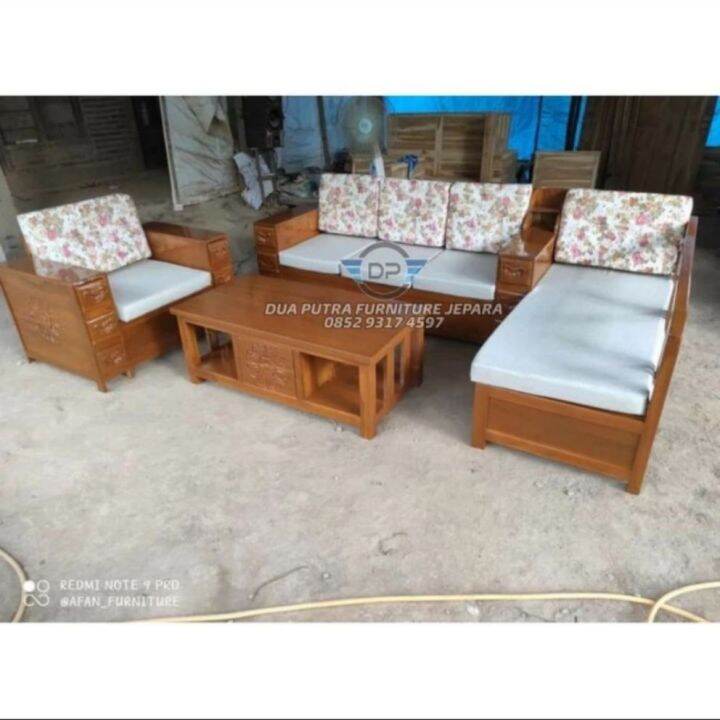 kursi sofa ruang tamu kayu jati minimalis modern laci | Lazada Indonesia