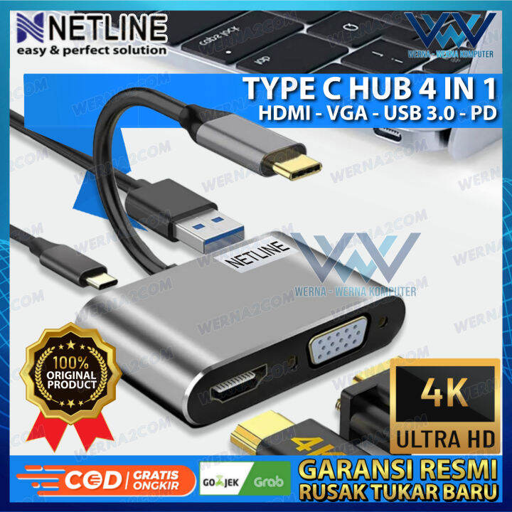 NETLINE 4 IN 1 HUB TYPE C to HDMI + VGA + USB 3.0 + Power Delivery Adapter | Lazada Indonesia