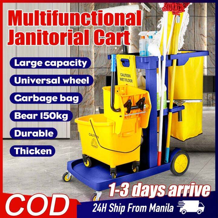 Housekeeping Cart Janitorial Cleaning Cart with Mop Squeezer Heavy Duty ...