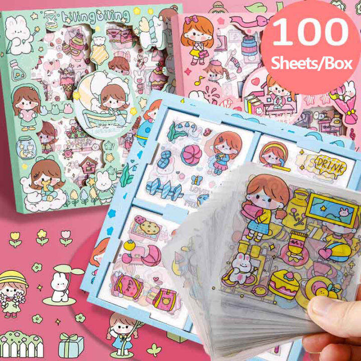 100 Sheets Box Cute Stickers Kids Scrapbooking stickers Stationery ...