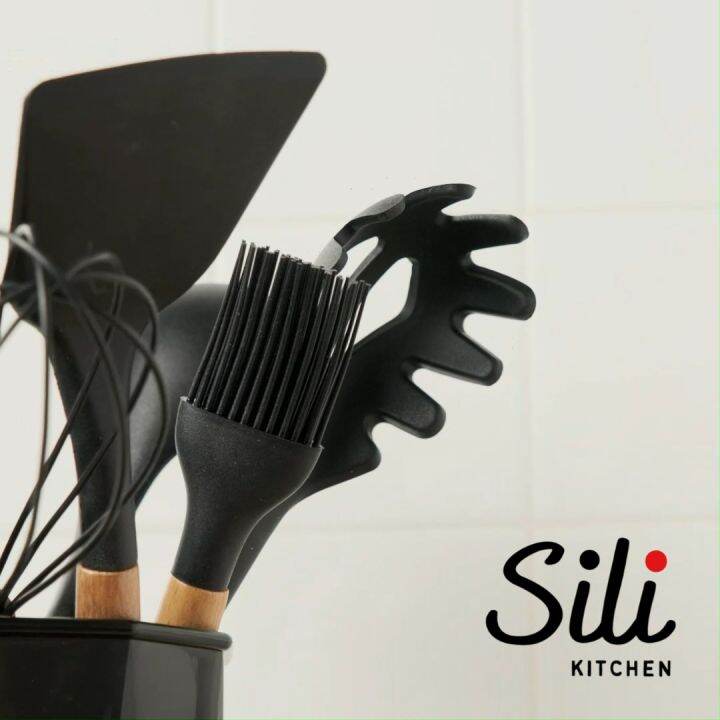 SILI Silicone Kitchen Utensils Set with Holder (5, 10pcs) - Stainless ...
