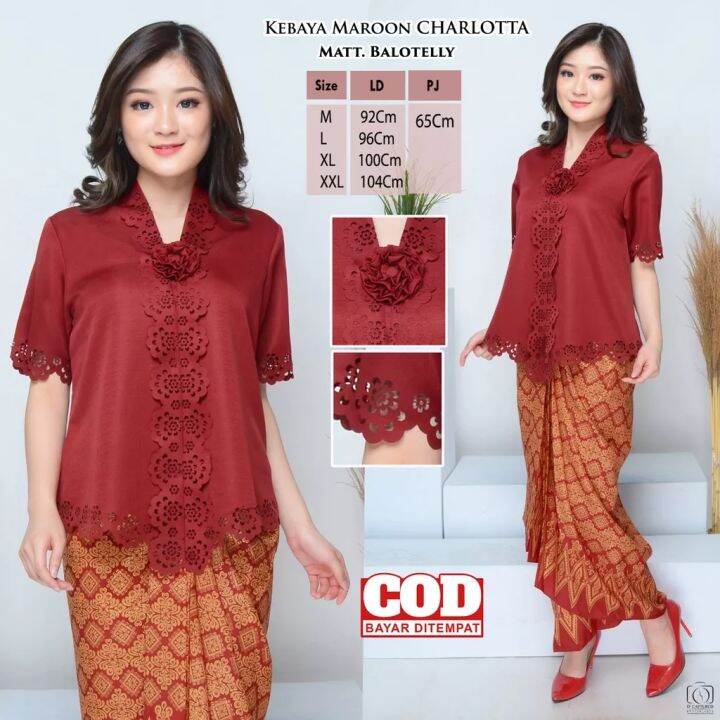 Atasan Kebaya Encim Moderen Laser Cut Lengan Pendek Warna Merah Maron ...