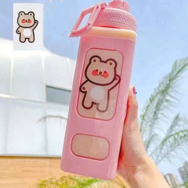 Reeopee 700ML 900ML Korean Square Bear Water Bottle With Straw Sticker ...