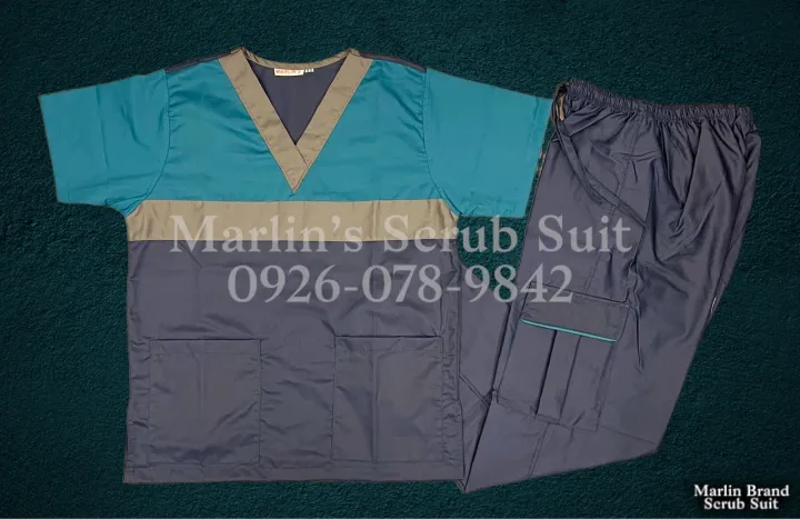 Tri-color Scrub Suit Celadon Green with Cargo pockets By: Marlin Brand ...