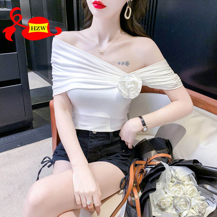 HZW 2023แขนสั้นเข้ารูปดีไซน์เสื้อยืดคอปกแนวทแยง,เสื้อยืดลายเรียบผู้หญิงสไตล์ต่างประเทศบาง ...