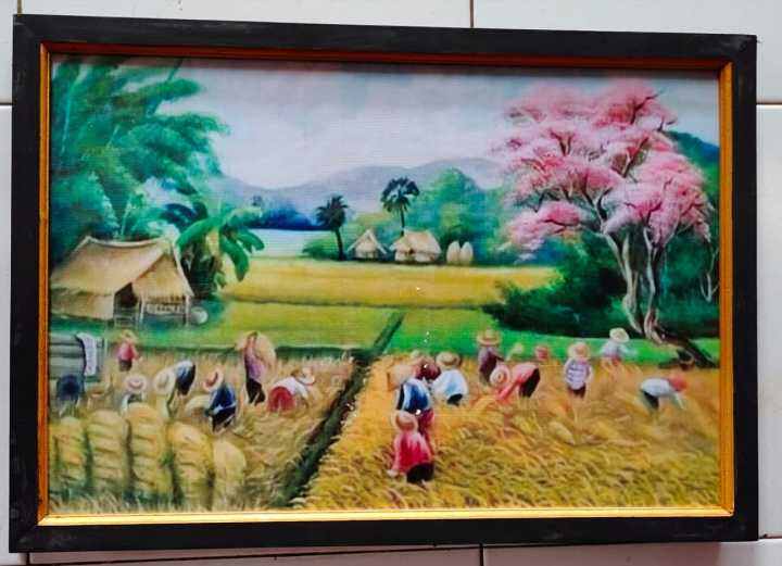hiasan dinding lukisan cetak pemandangan sawah 01 plus figura ukuran 65x45 | Lazada Indonesia