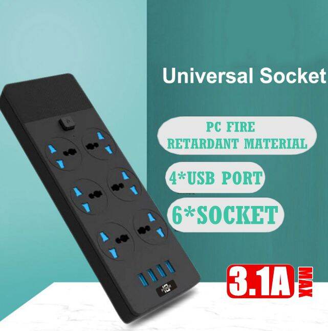 TB-T12 Universal Power Extension 4 USB Port 6 Socket 3.1A US Plug with ...