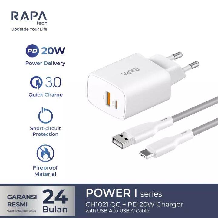 RAPA CH1021 Charger Power I QC PD 20W Dual Port with USB to Type C ...