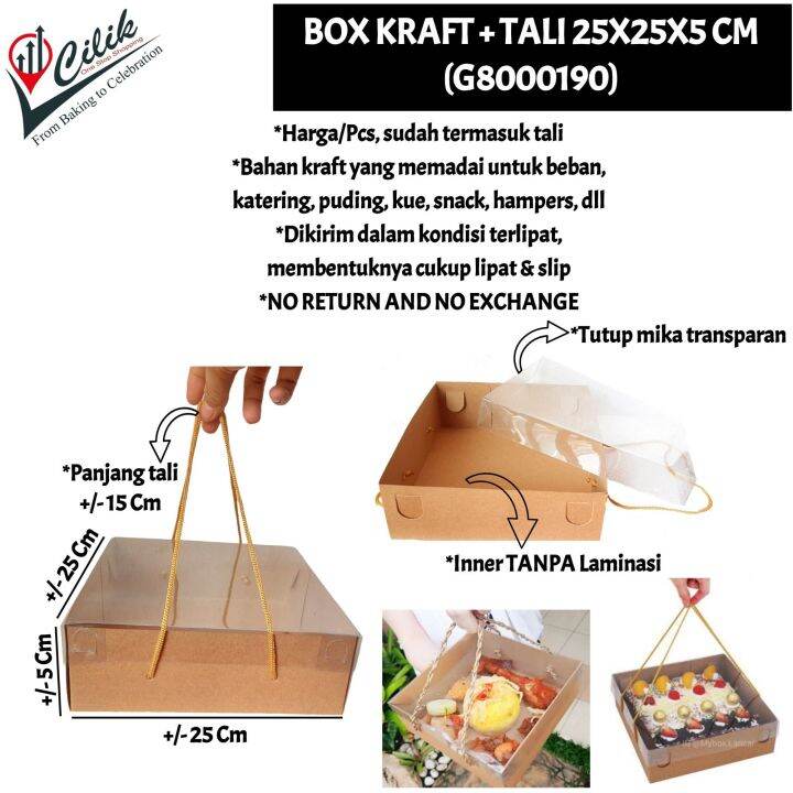 box dus kraft coklat lid mika handle tali 25x25x5 pizza pie kue puding ...
