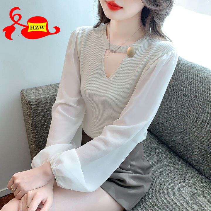 HZW 2023เสื้อคอวีแขนยาวสำหรับผู้หญิงเสื้อยาวปิดถึงก้นเสื้อยืดถักสไตล์ต่างประเทศฤดูใบไม้ร่วง ...