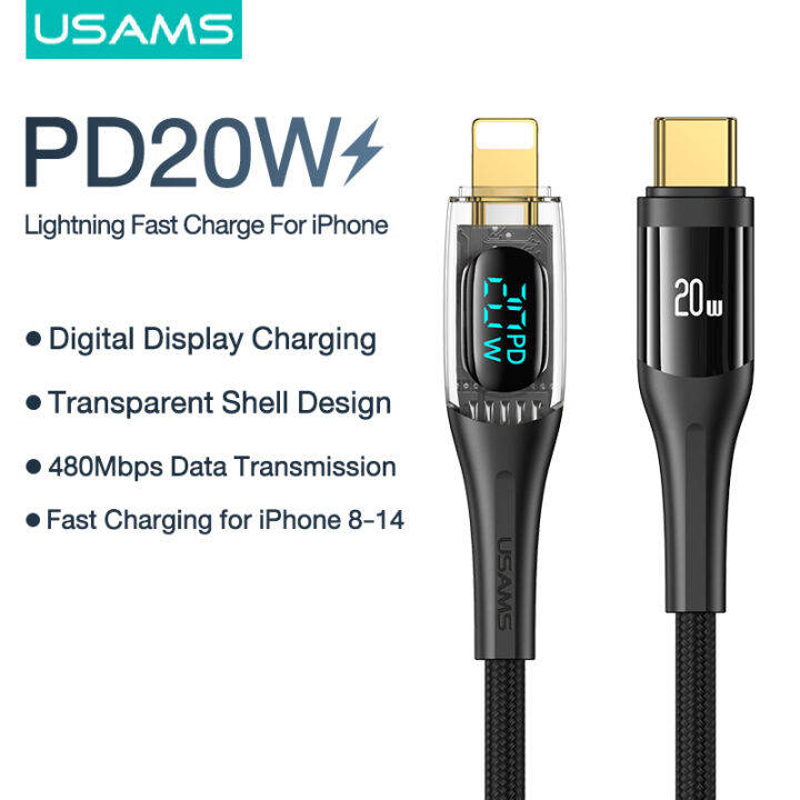 USAMS PD20W Type C to Lightning Charge Cable Fast Charging Digital Display Charging Transparent ...