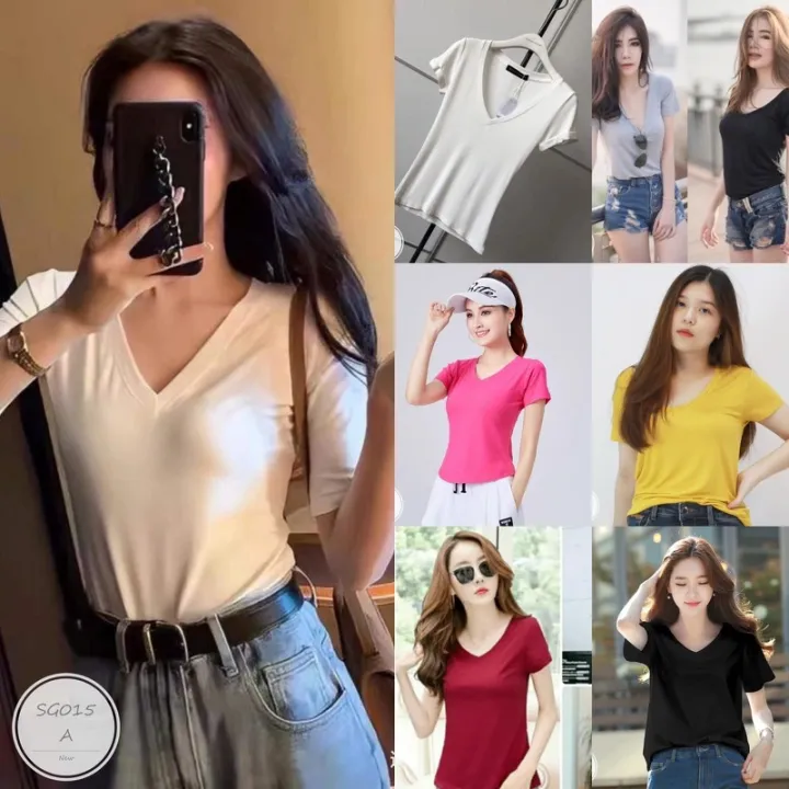 ES015 ☀️พร้อมส่ง ☀️เสื้อสาวยืดเข้ารูปตามตัวทรงสวย คอตตอลผสม คอวี แขนสั้น อก" 32-38"ยาว 22 ...