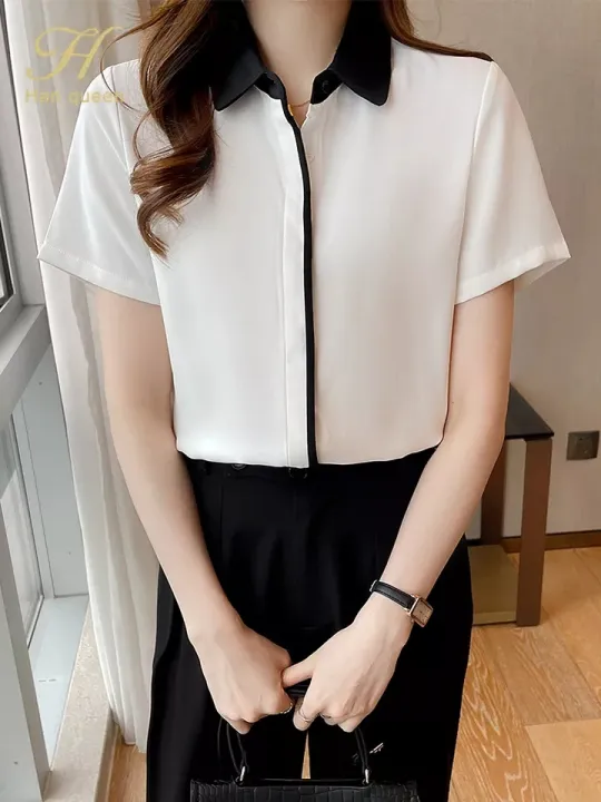 Kemeja putih pendek wanita kombinasi kerah dan list hitam | Lazada ...